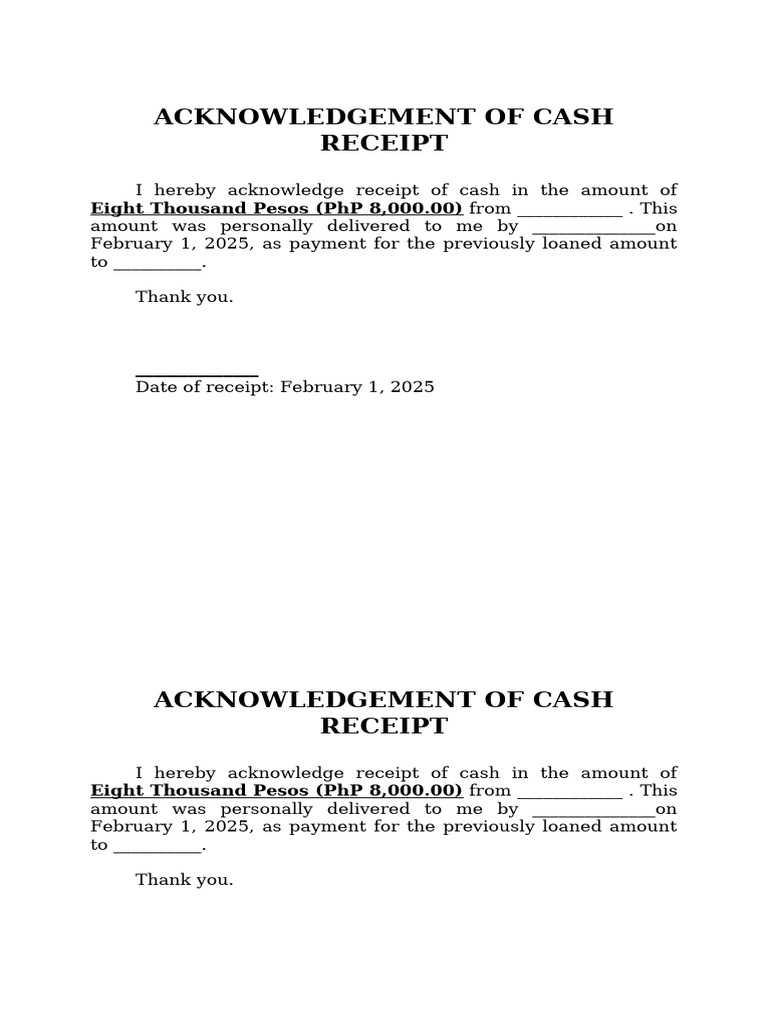 Cash Receipt Acknowledgment Template | PDF
