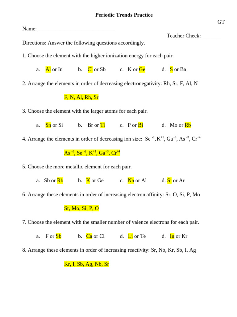 Periodic Trends Practice KEY | PDF