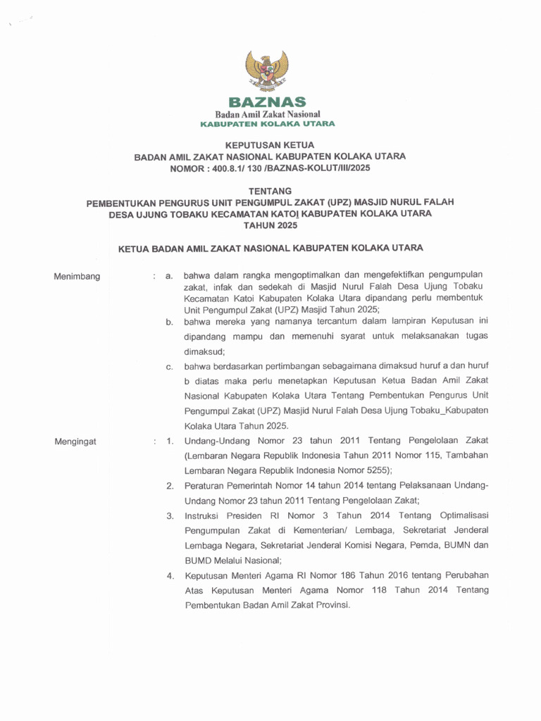 SK UPZ Masjid Nurul Falah Desa Ujung Tobaku | PDF