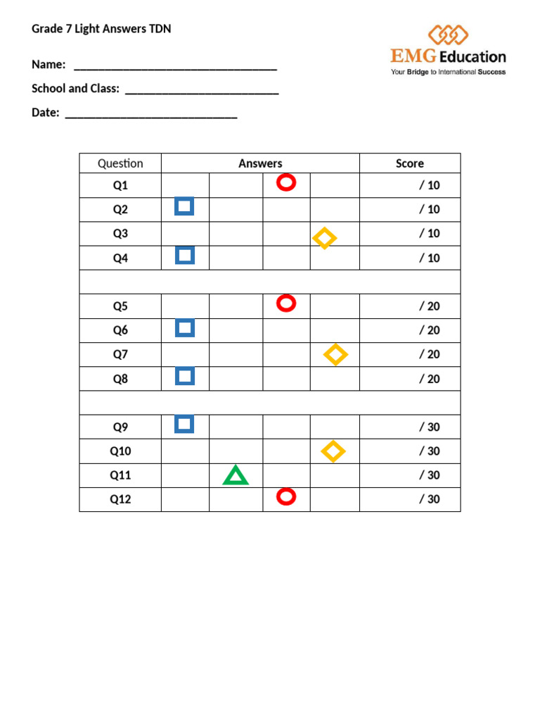 Grade 7 Week 25 Light Reflection - Answers | PDF