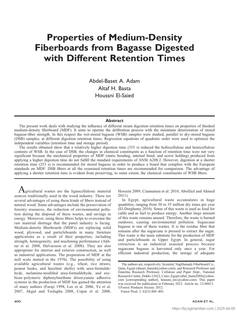 Properties of Medium-Density Fiberboards From Bagasse Digested With ...