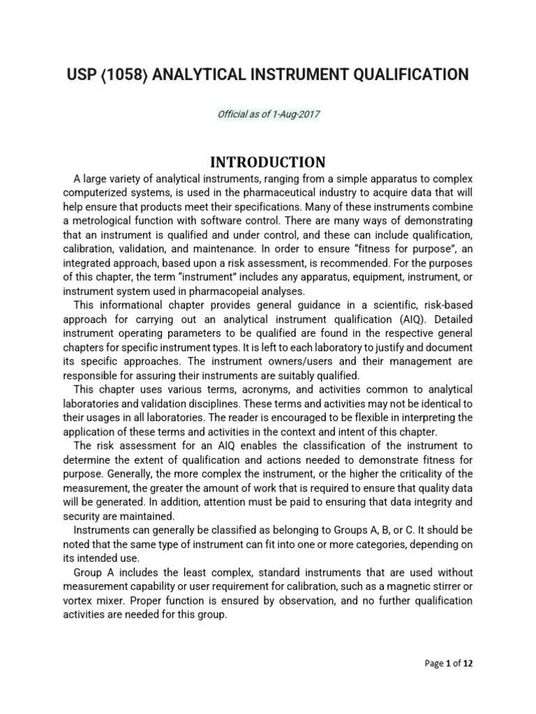 Usp 1058 Analytical Instrument Qualification | PDF | Verification And ...