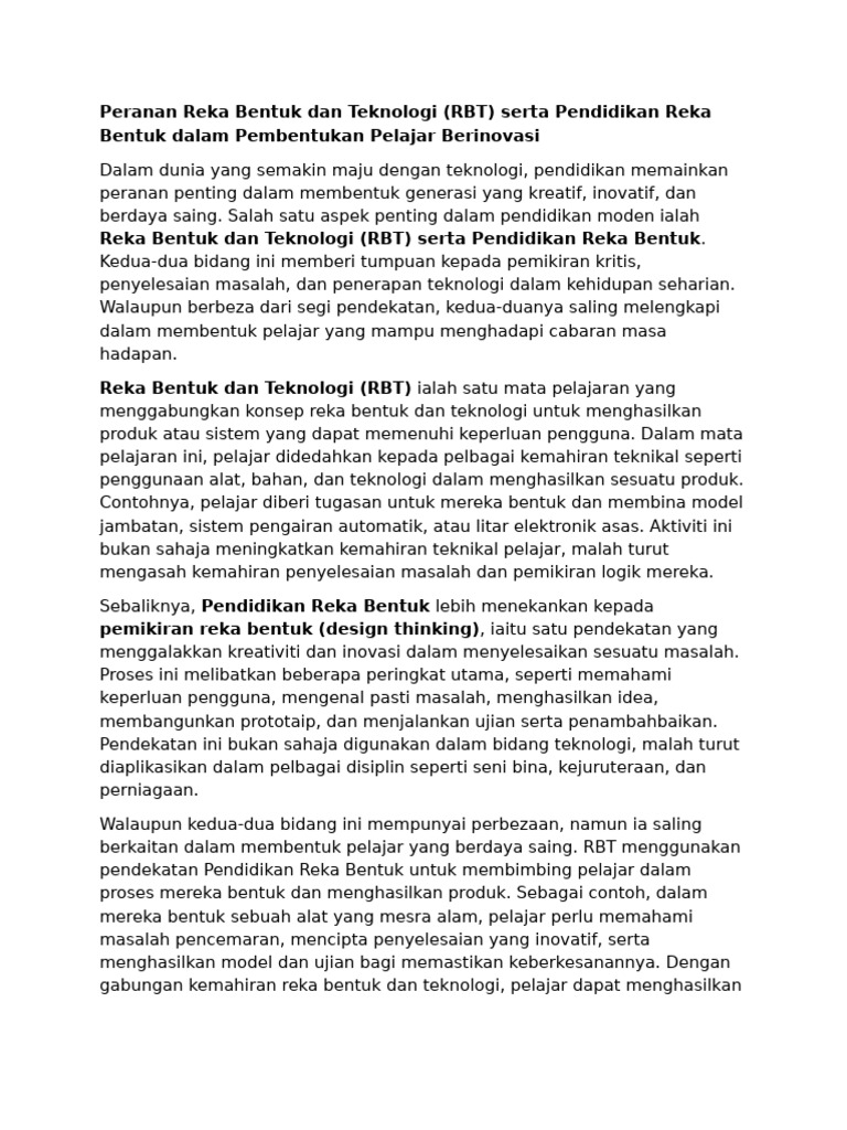 Peranan Reka Bentuk Dan Teknologi (RBT) Serta Pendidikan Reka Bentuk ...