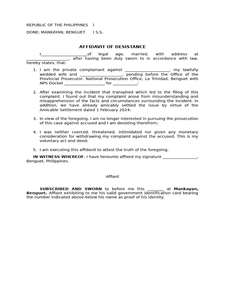 Affidavit of Desistance Template | PDF