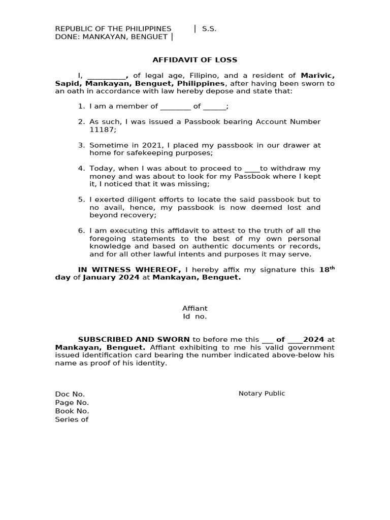 Aff of Loss of Passbook | PDF