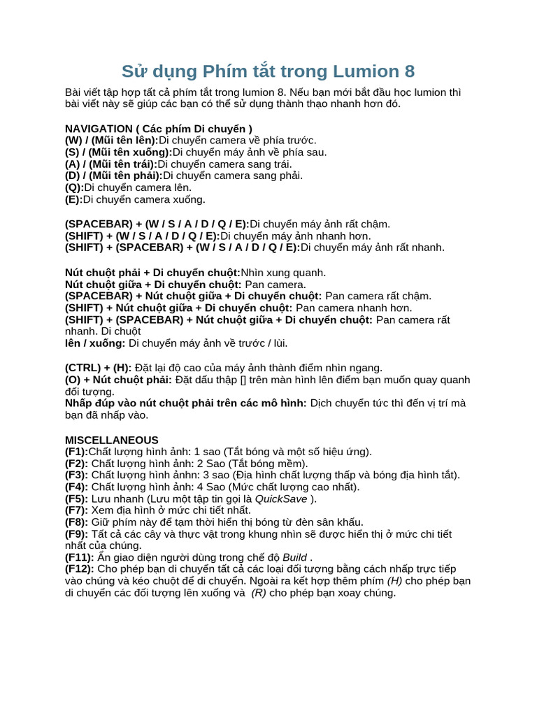 Sử Dụng Phím Tắt Trong Lumion 8 | PDF