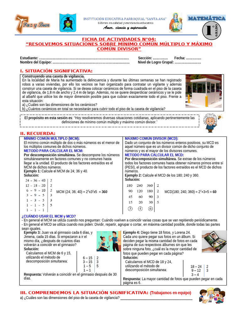 Ficha 4 - 1° - 2025 - MCD y MCM | PDF | Teoría de los números | Matemáticas discretas
