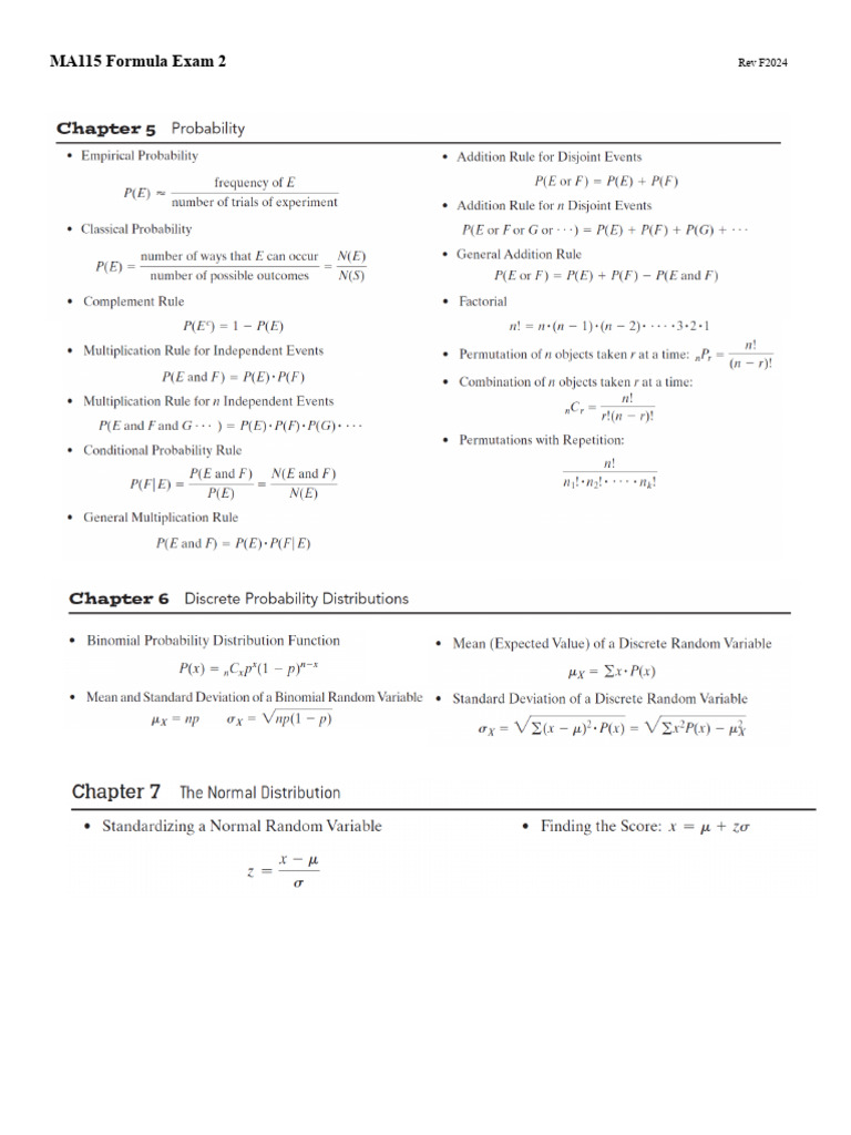MA115 Formula Exam 2 F2024 | PDF