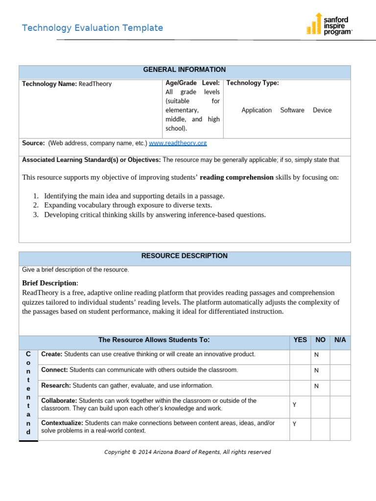 Technology Evaluation Template_ | PDF | Reading Comprehension ...