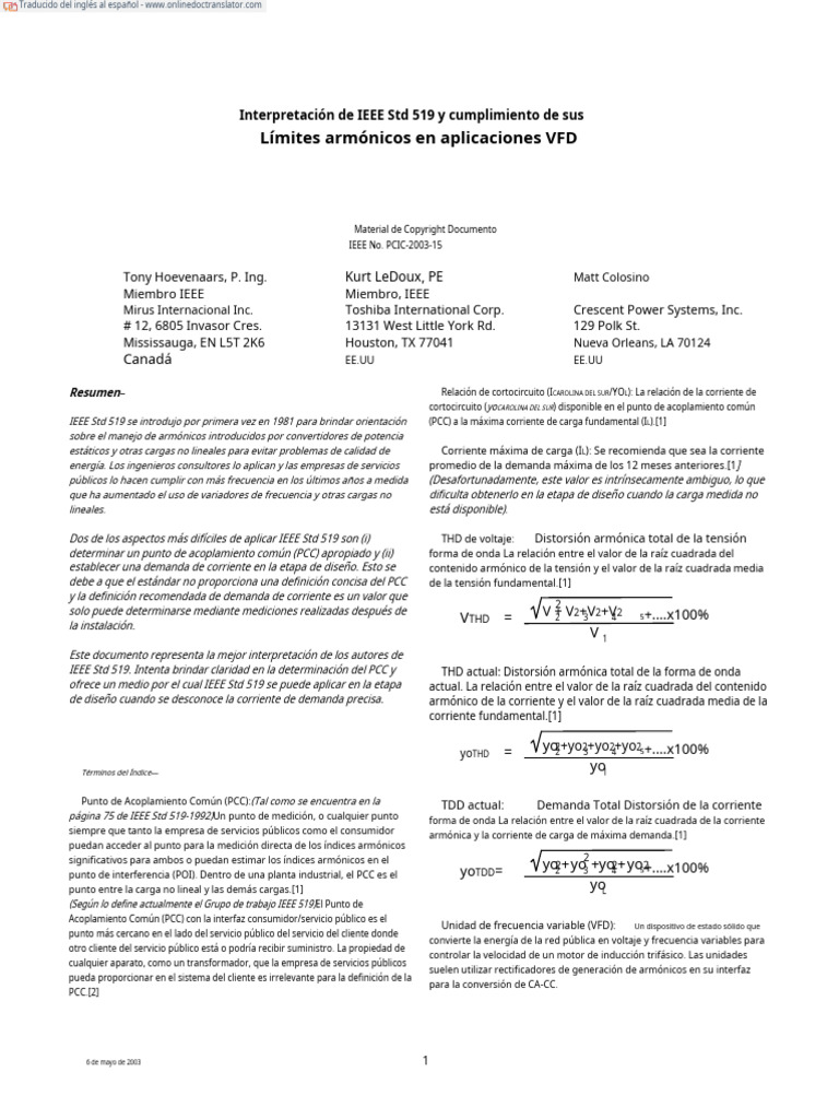 Interpreting IEEE STD 519 and Meeting Harmonic Limits VFDs PCIC 2003 15.en - Es | PDF ...