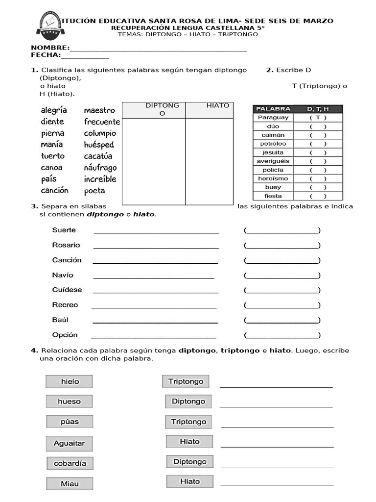 Actividades sobre Diptongos y Hiatos | PDF