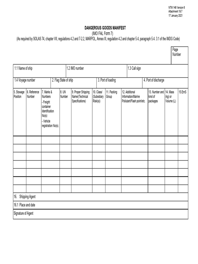 Attachment 19.7 Dangerous Goods Manifest FAL Form 7 | PDF