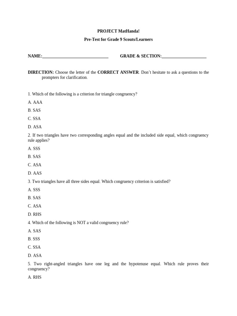 Grade 9 Triangle Congruency Quiz Pdf