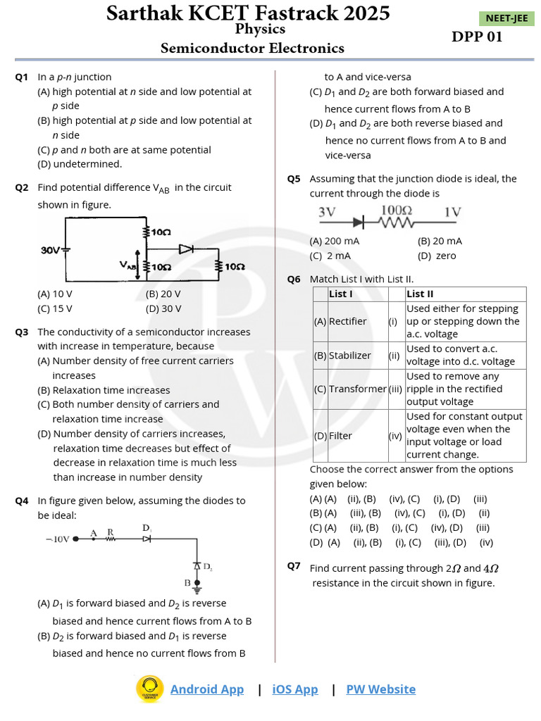 Semiconductor Electronics DPP 01 of Lec 02 Sarthak KCET Fastrack ...