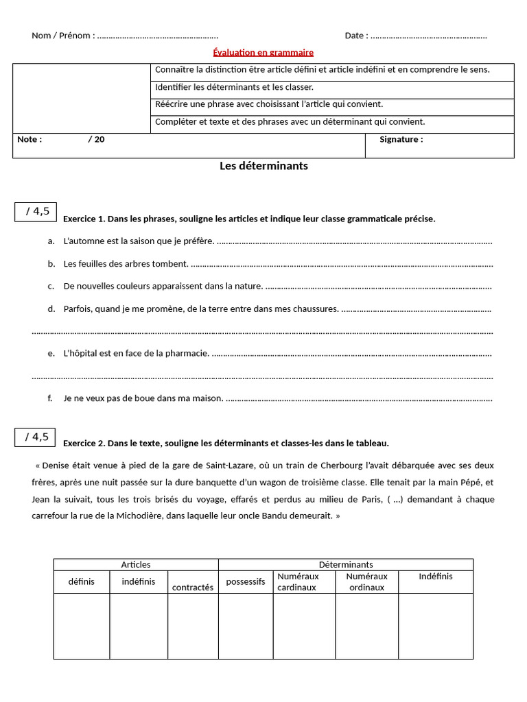 Évaluation des déterminants en grammaire | PDF | Mécanique du langage ...