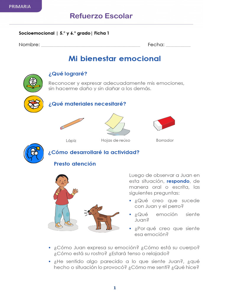 Ficha 1 Mi Bienestar Emocional | PDF | Las emociones | Temor