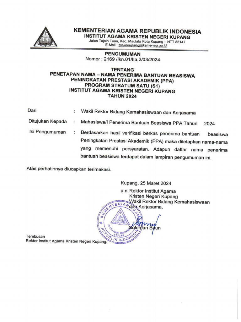 Lampiran Nama Penerima Bantuan Beasiswa PPA S1 2024 | PDF