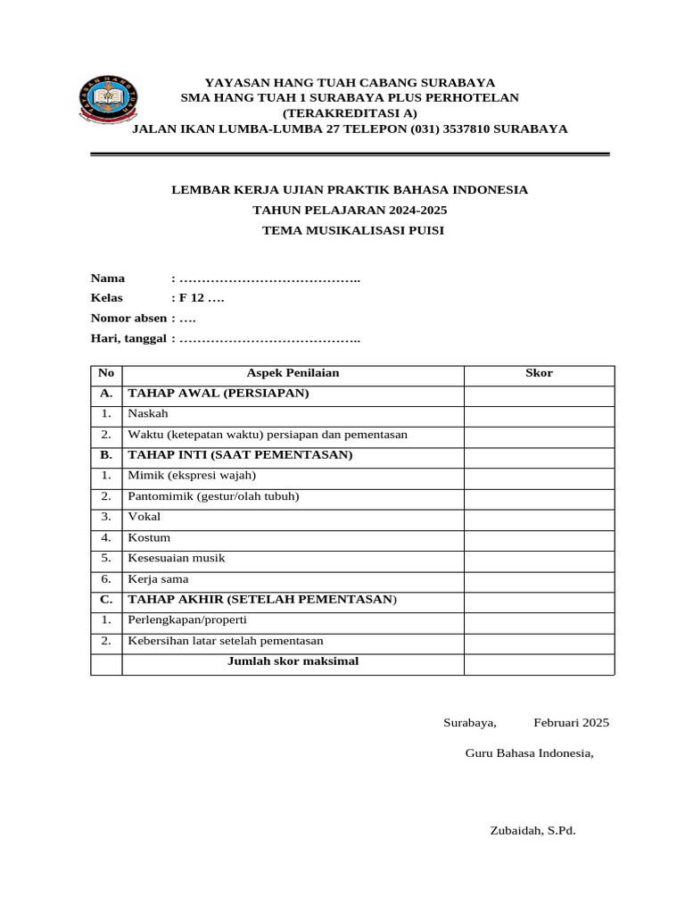 Lembar Kerja, Penilaian Uprak Bhs. Ind 2024-2025 | PDF