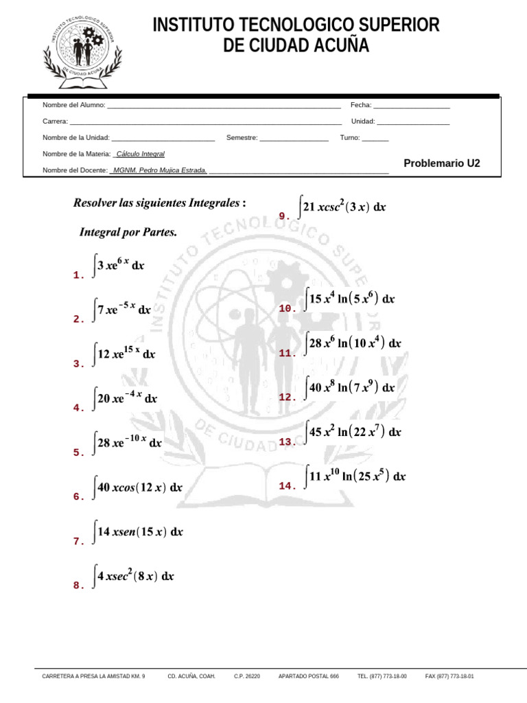 Problemario U2 Cálculo Integral | PDF | Ajedrez