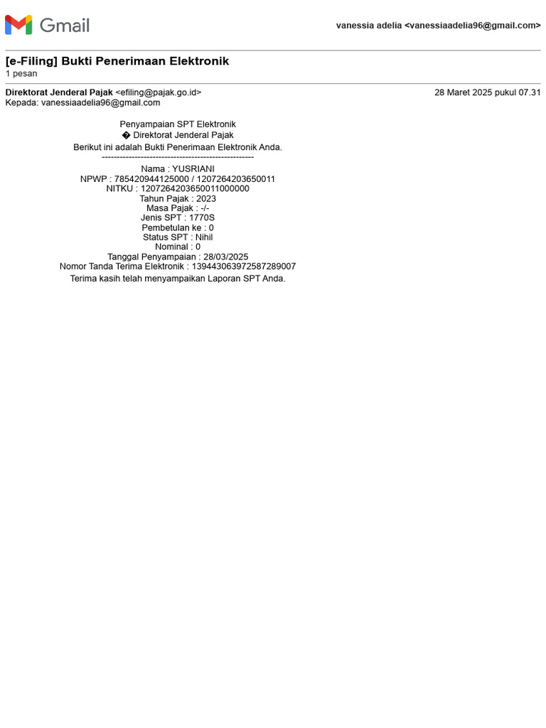 Bukti Penerimaan e-Filing SPT 2023 | PDF