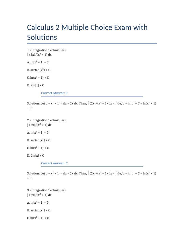 Calculus 2 Multiple Choice Exam With Solutions | PDF | Divergence ...