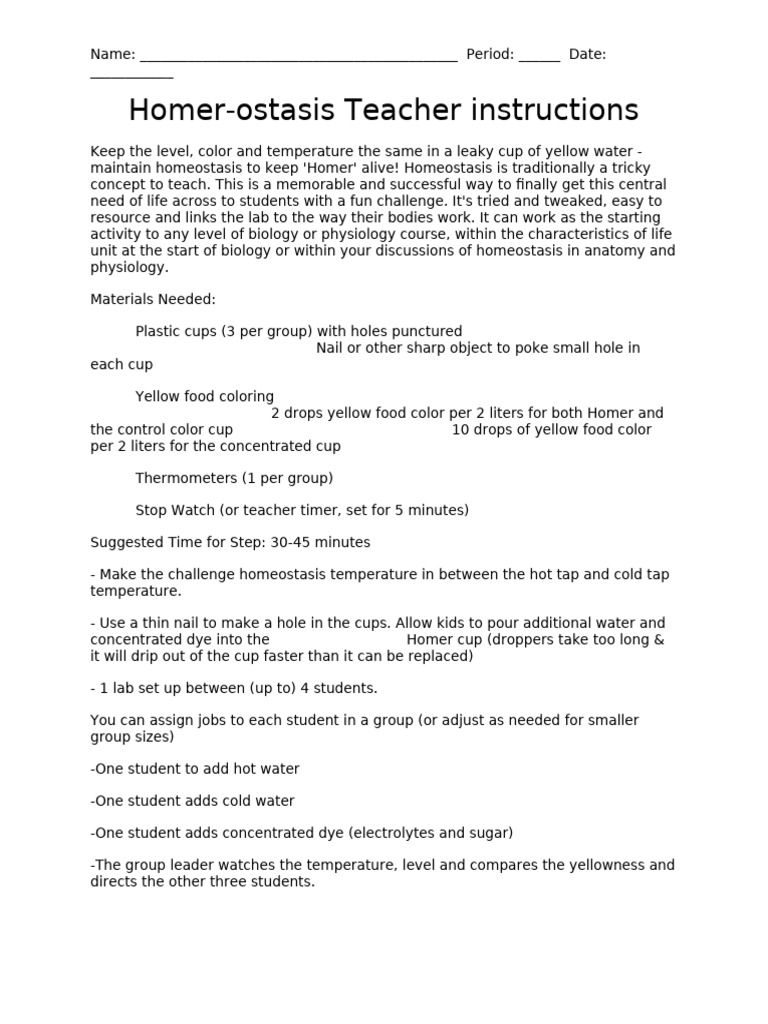 Homer-ostasis Lab: Maintaining Balance | PDF | Homeostasis | Chemistry