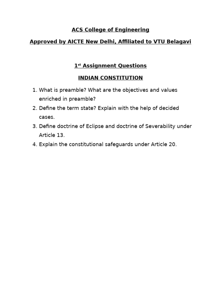 Indian Constitution Assignment Questions | PDF
