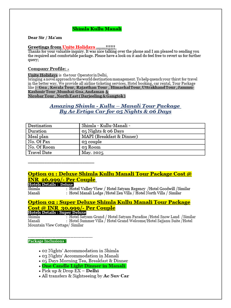 May - Shimla Kullu Manali 03 Couple Tour | PDF | Fare | Hotel