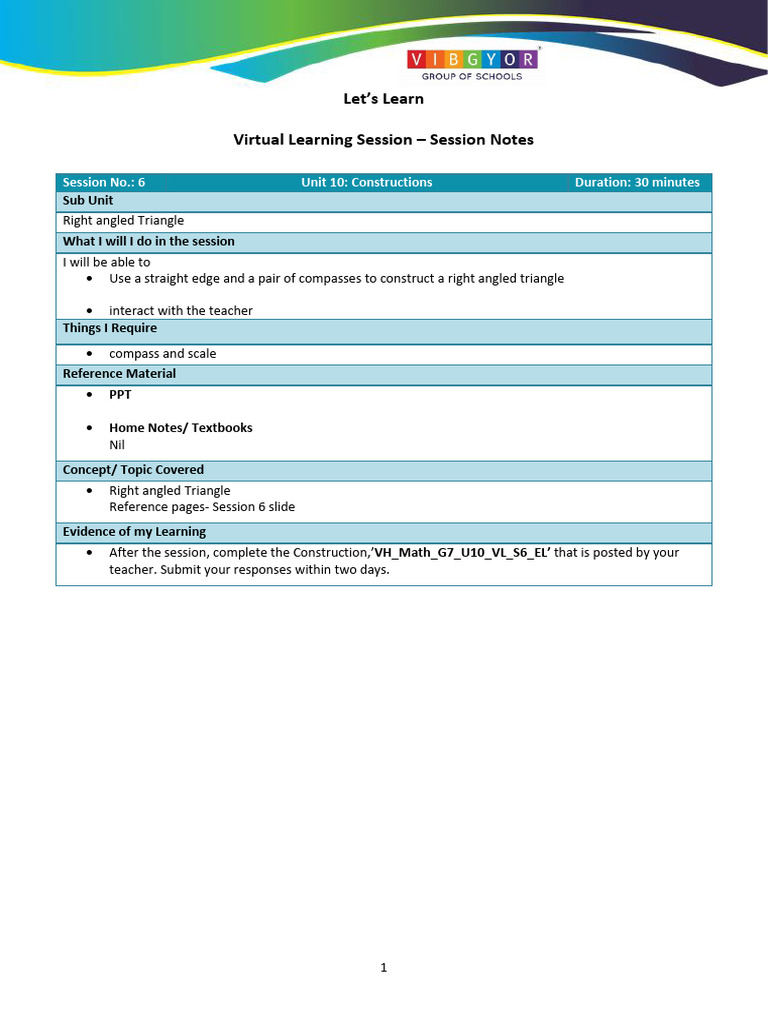 VH - Math - G7 - U10 - VL - S6 - Session Notes | PDF