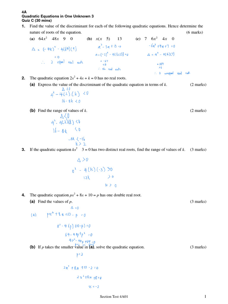 Quadratic Equations Discriminant Quiz | PDF | Quadratic Equation ...