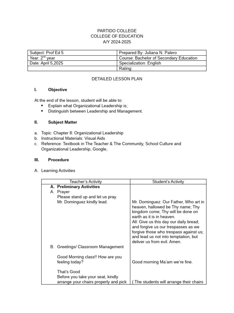 Prof Ed 5 Lesson Plan | PDF | Lord's Prayer | Goal