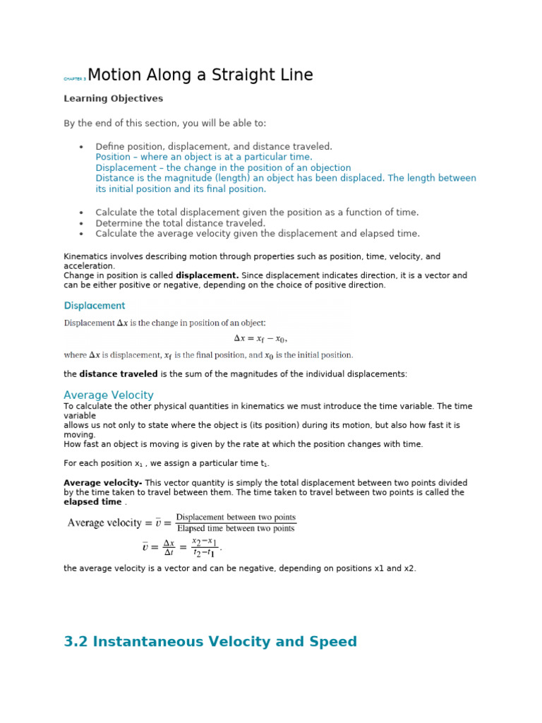 CHAPTER 3 Motion Along A Straight Line | PDF | Velocity | Speed