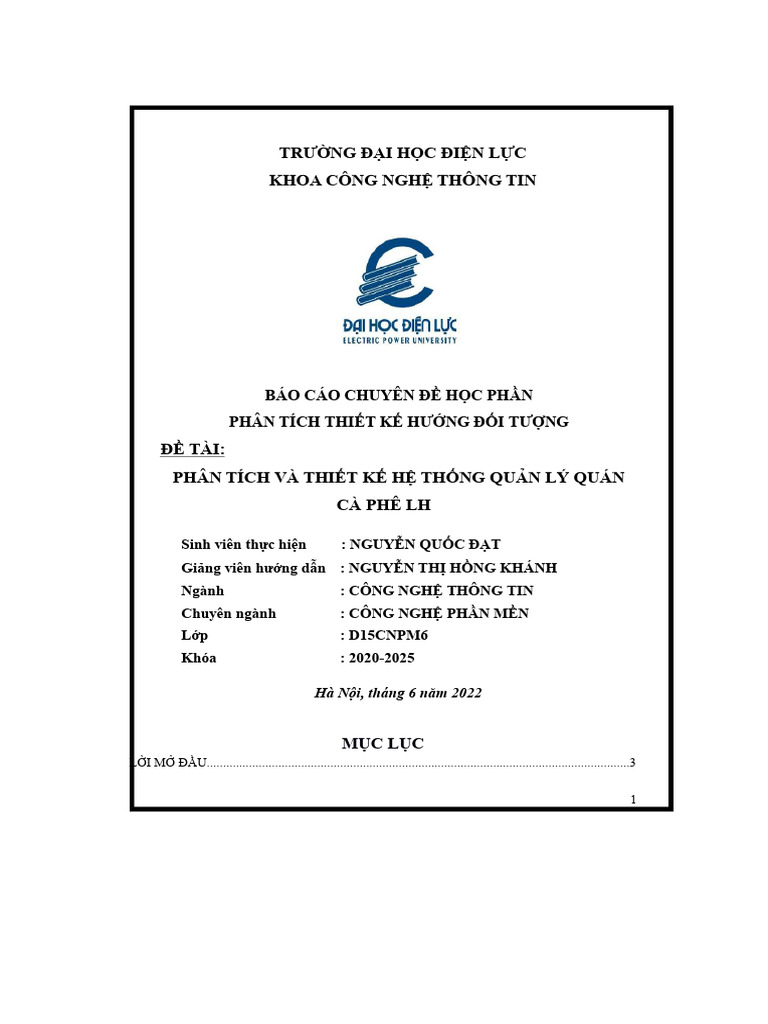 Bao Cao Mon Phan Tich Thiet Ke Huong Doi Tuong Truong Dai Hoc Dien Luc 79069 | PDF