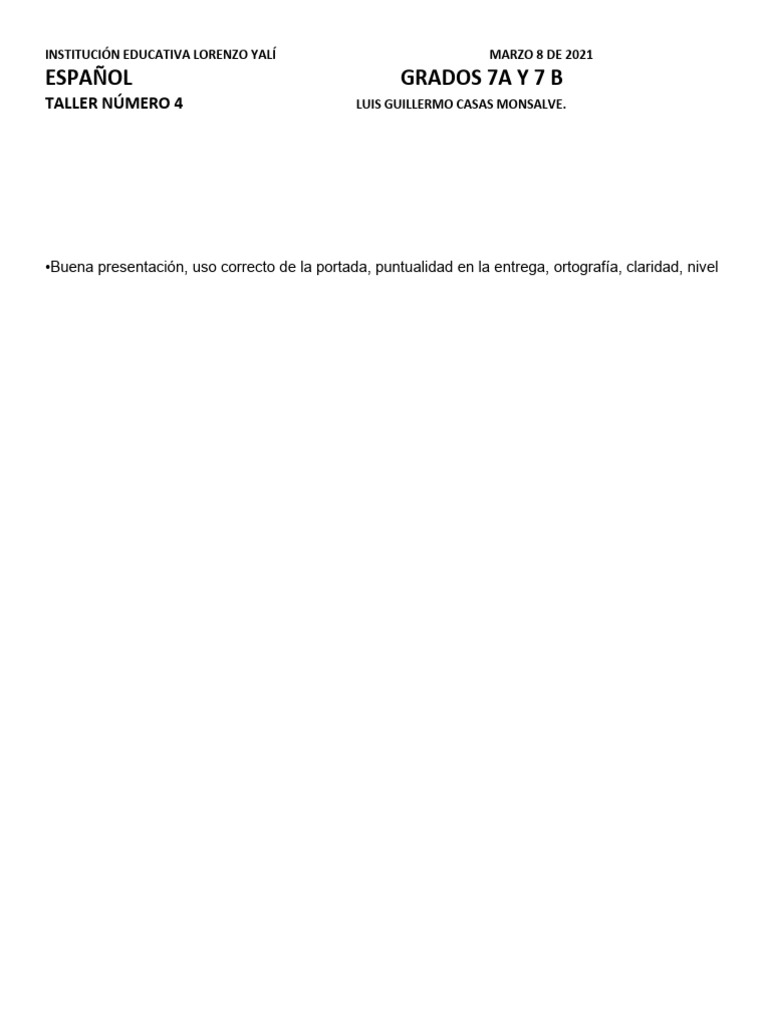 Español 7a y 7b Taller #4 | PDF | Narración