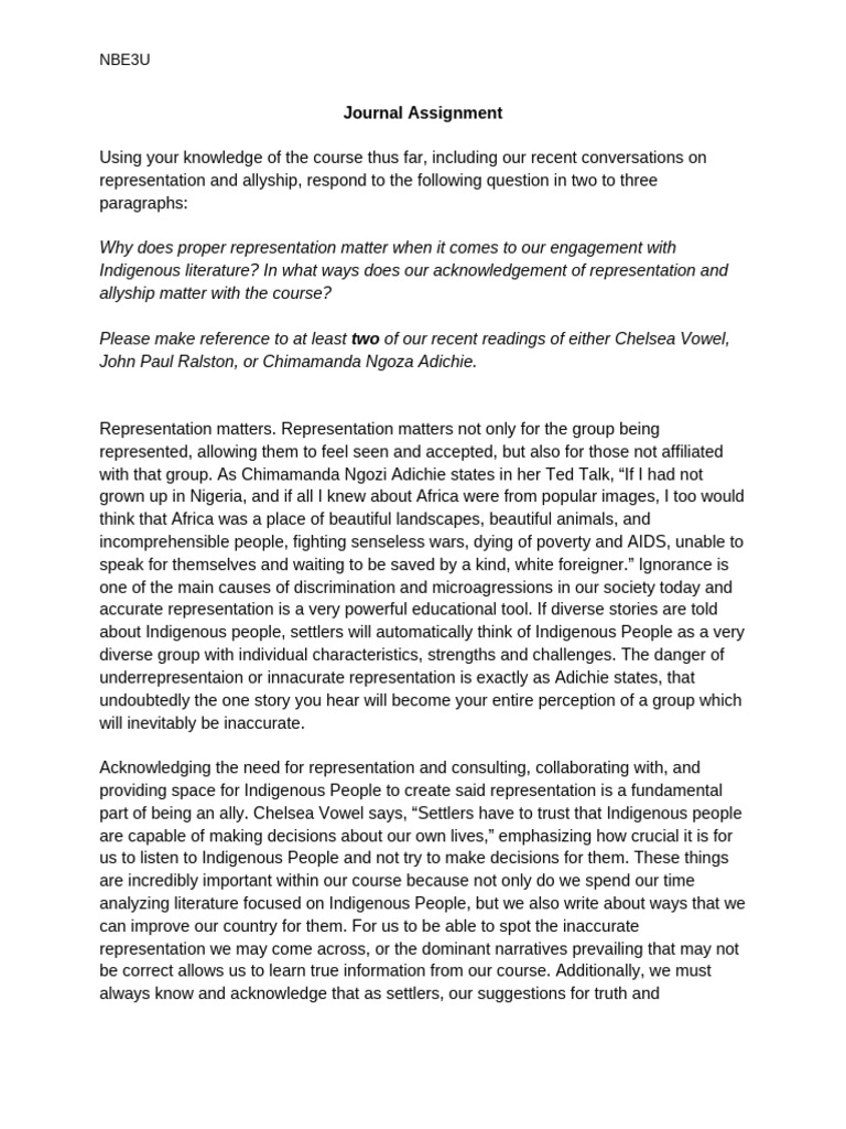 Journal Assignment NBE3U | PDF | Cognition