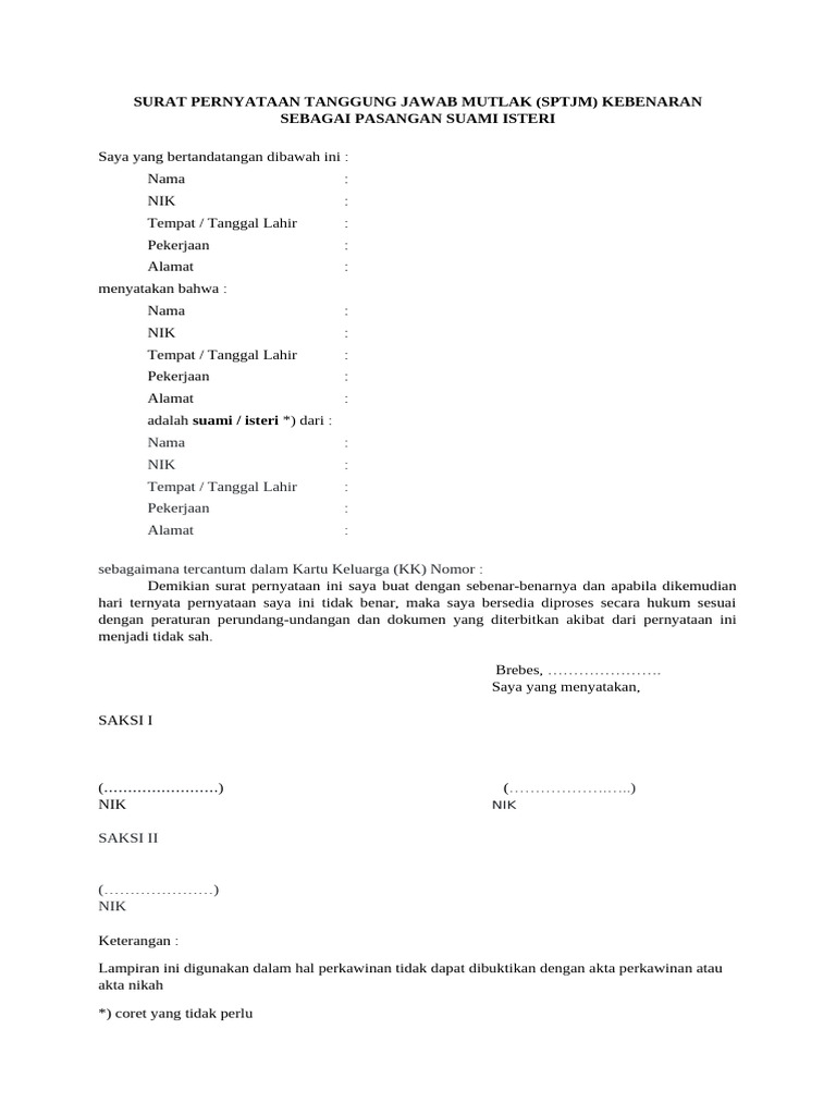Surat Pernyataan Tanggung Jawab Mutlak (SPTJM) Kebenaran Sebagai ...