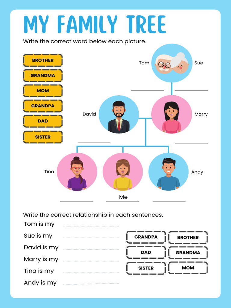 Blue and White Simple Easy Clean My Family Members Tree Worksheet ...