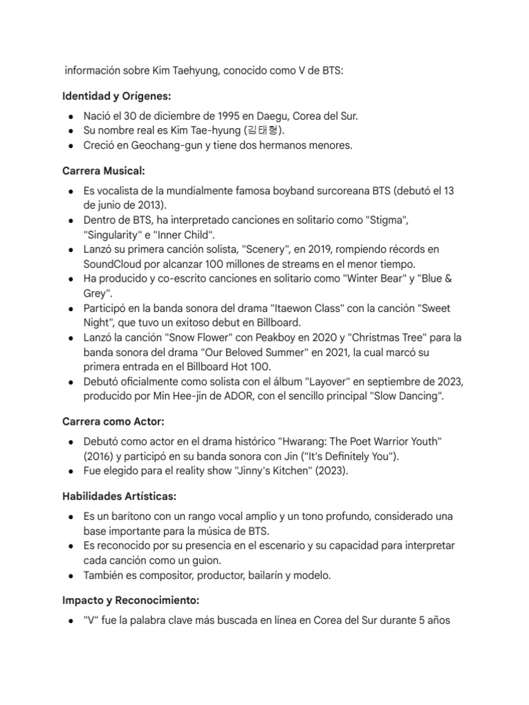 Biografía de Kim Taehyung, V de BTS | PDF | Musica Popular | Industria ...