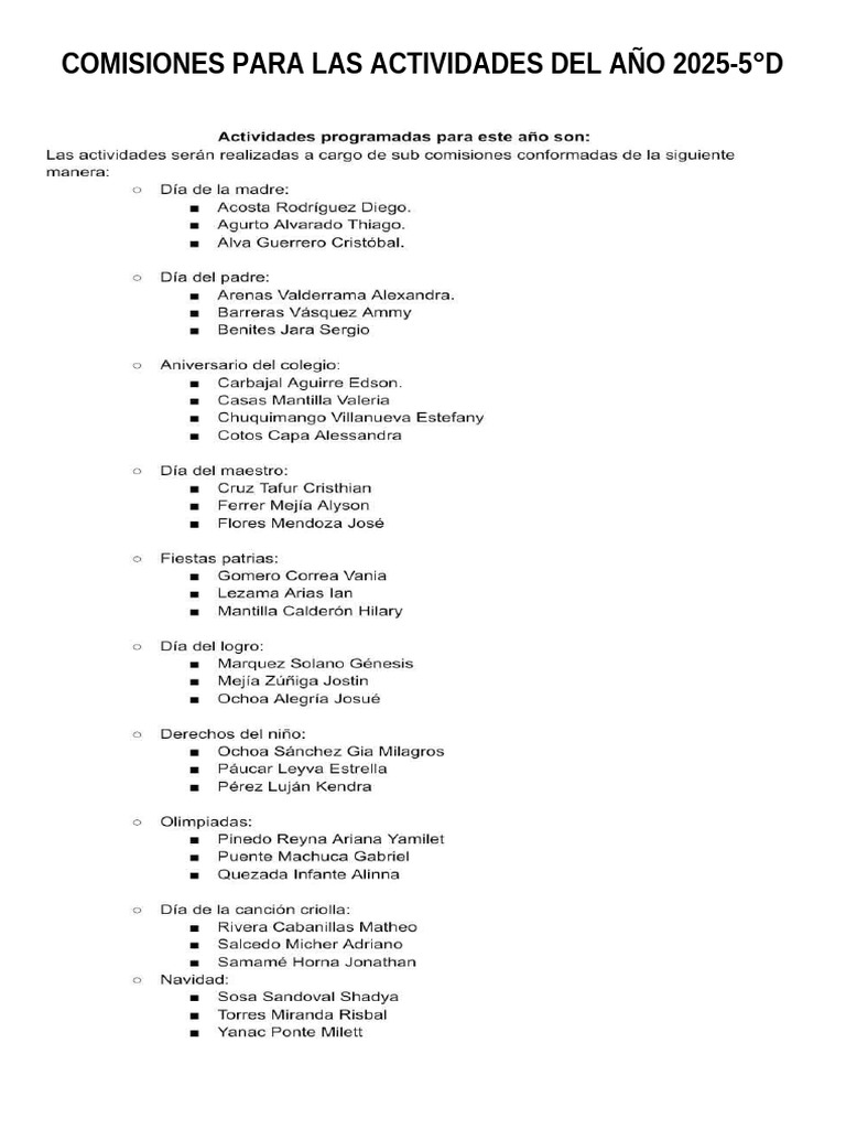 Comisiones para Las Actividades Del Año 2025 | PDF