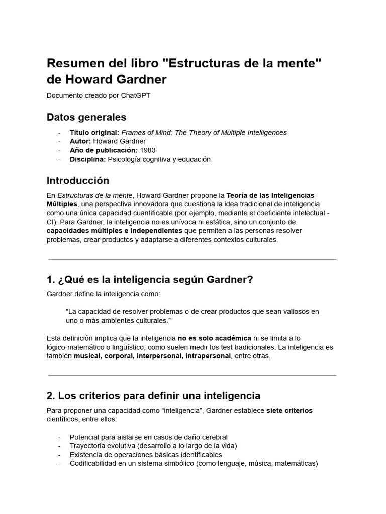 Resumen Del Libro - Estructuras de La Mente - de Howard Gardner | PDF | Inteligencia ...