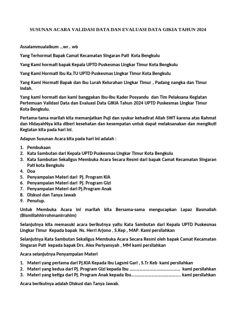 Susunan Acara Validasi Dan Evaluasi Data Gikia | PDF