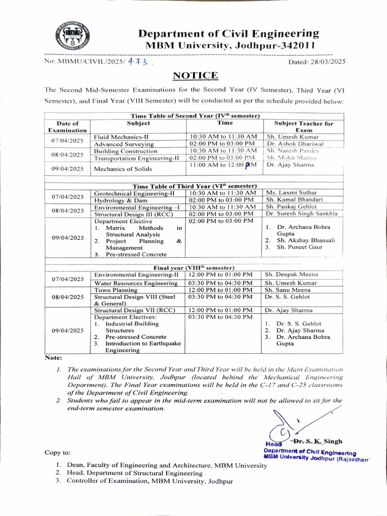 Second Mid Sem Time Table | PDF