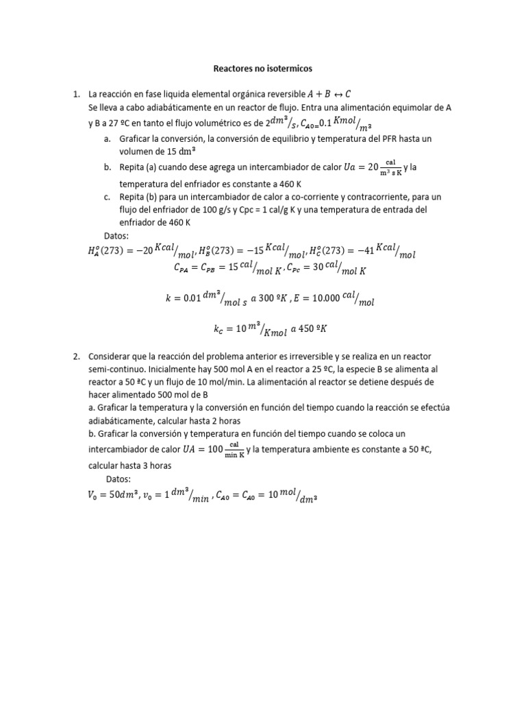 Taller Reactores no isotermicos | PDF