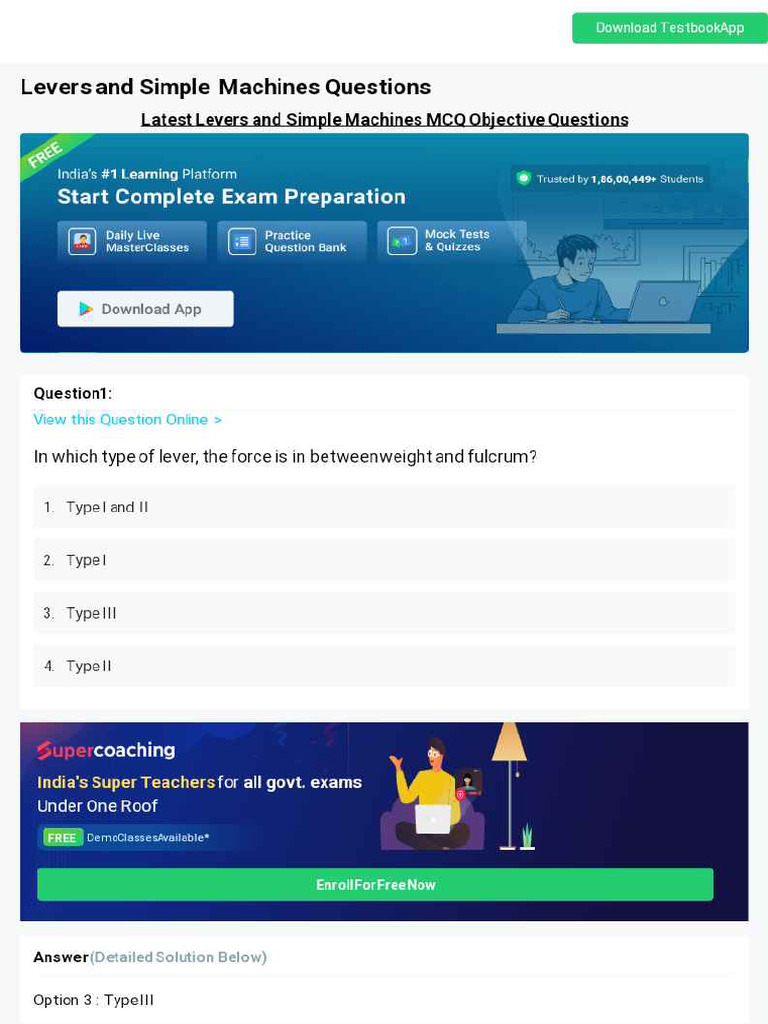 MCQ On Levers and Simple Machines 5eea6a1439140f30f369f2d1 | PDF