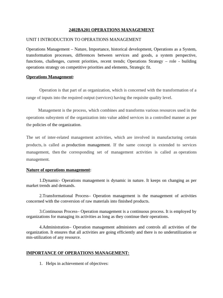 2402BA201 OPERATIONS MANAGEMENT UNIT-1 | PDF | Operations Management | Supply Chain