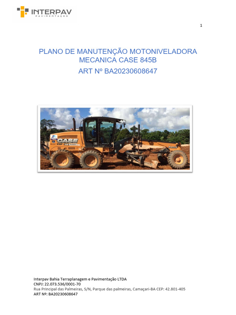 Plano de Manutencao Motoniveladora Case 845b - Interpav Assinado | PDF ...