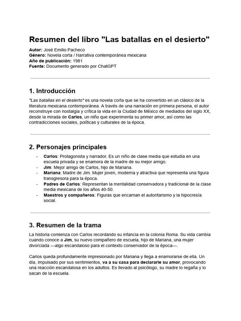 Resumen Del Libro Las Batallas en El Desierto de José Emilio Pacheco | PDF