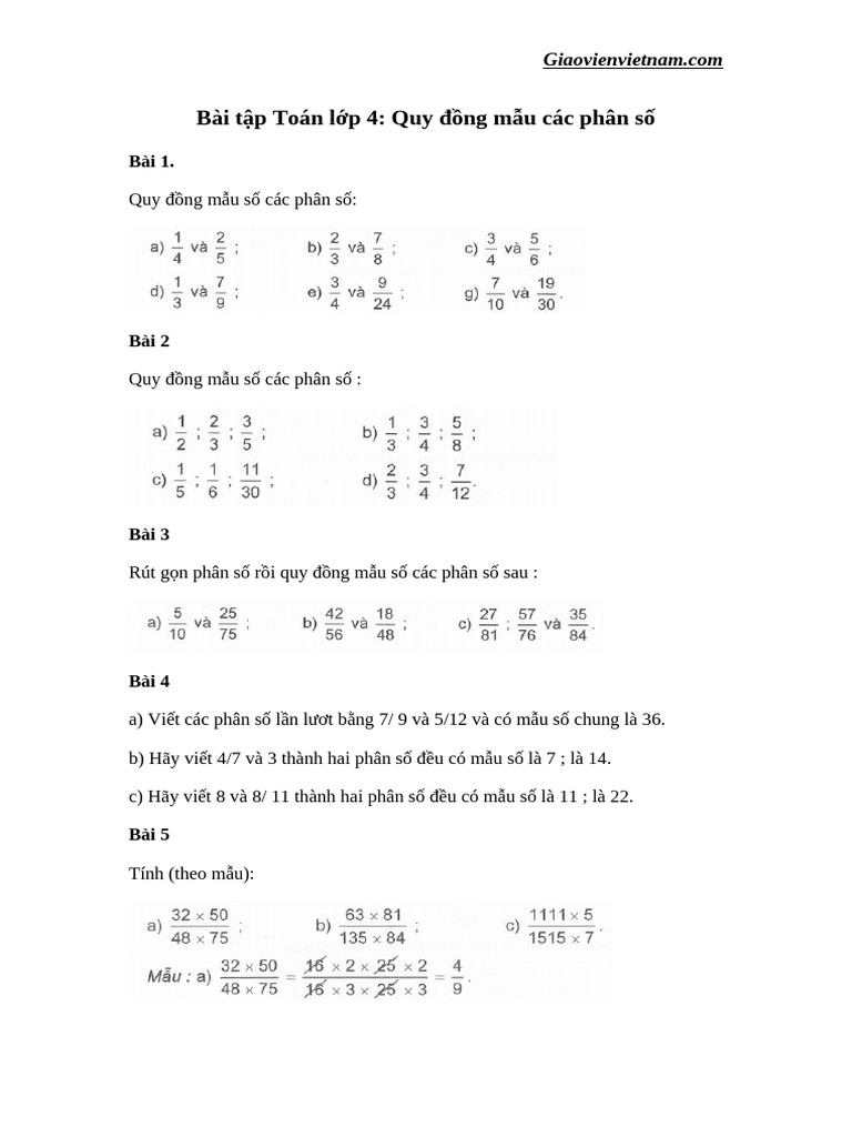 BT Toan Lop 4 Quy Dong Mau Cac Phan So | PDF
