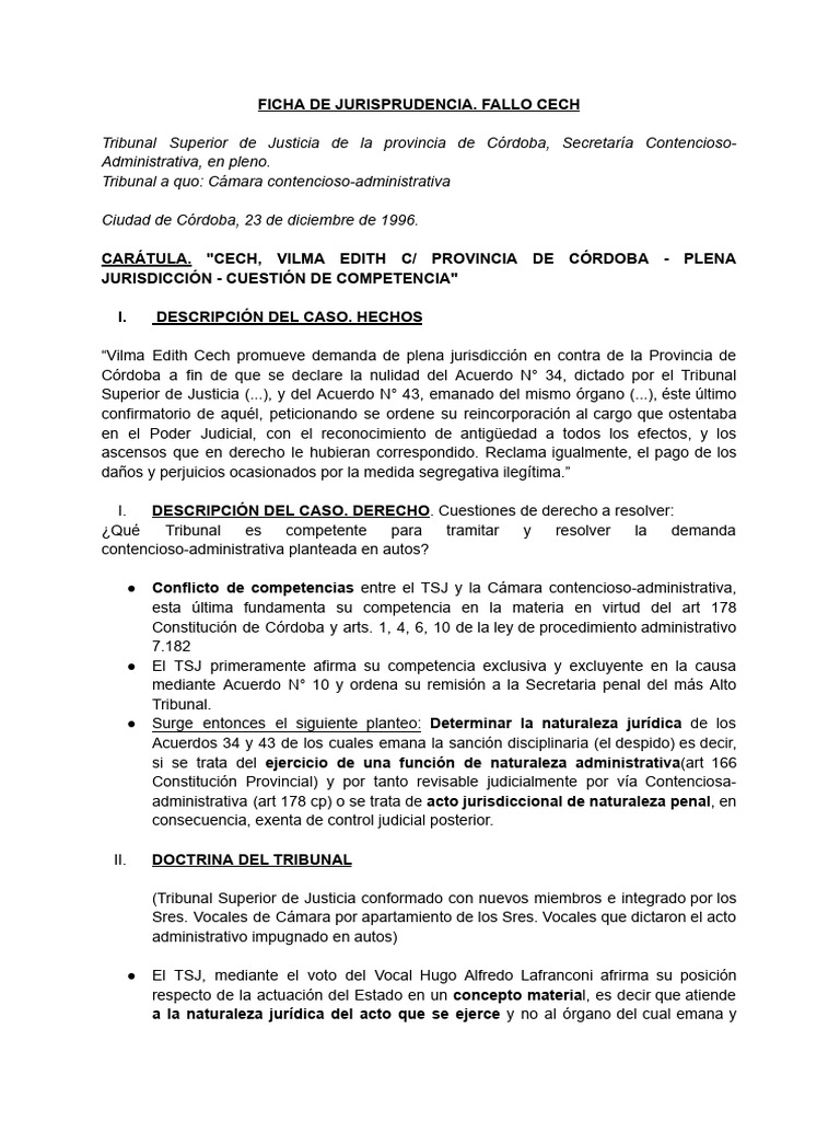 Ficha de Jurisprudencia Fallo Cech | PDF | Judicaturas | Caso de ley