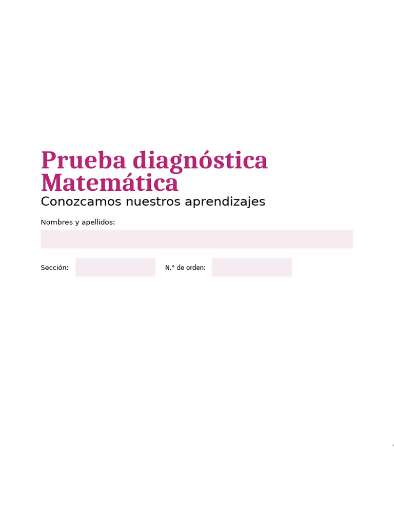 Prueba diagnóstica Matemática, conozcamos nuestros aprendizajes. 5 grado de Primaria (2) | PDF